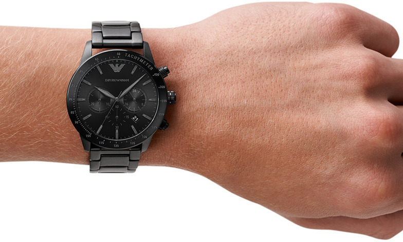 Emporio Armani Ρολόι Χρονογράφος Μπαταρίας με Μαύρο Μεταλλικό Μπρασελέ ...