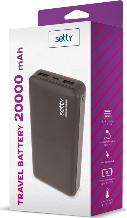 Setty Travel Battery Power Bank 20000mAh με 2 Θύρες USB-A Μαύρο ...