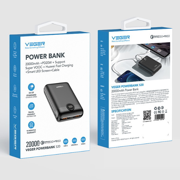 Veger S20 Power Bank 20000mAh 20W με 2 Θύρες USB-A και Θύρα USB-C Power ...
