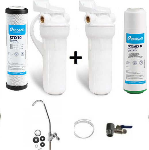 Ecosoft Συσκευή Φίλτρου Νερού Κάτω Πάγκου Διπλή με Βρυσάκι ½" με Ανταλλακτικό Φίλτρο Ecosoft CTO ...