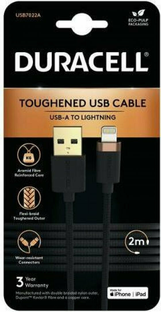 Duracell Kevlar Braided USB to Lightning Cable Μαύρο 2m (USB7022A ...