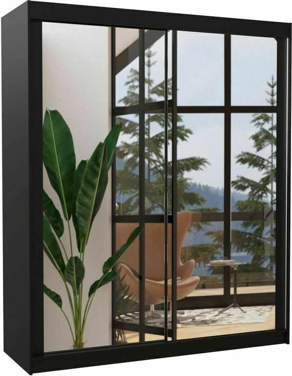 Δίφυλλη Ντουλάπα Ρούχων Συρόμενη Henry 180 με Καθρέπτη Μαύρη ...