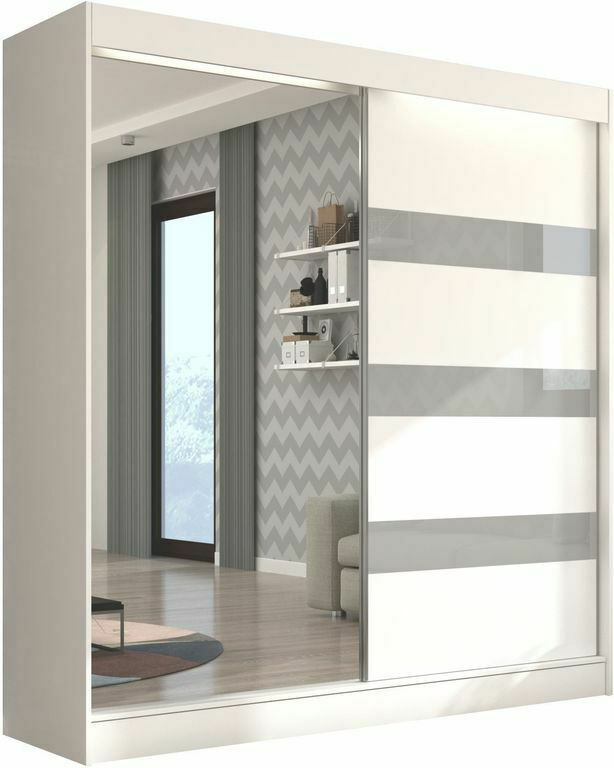 Δίφυλλη Ντουλάπα Ρούχων Συρόμενη Bissom 200 με Καθρέπτη Λευκή / Γκρι ...