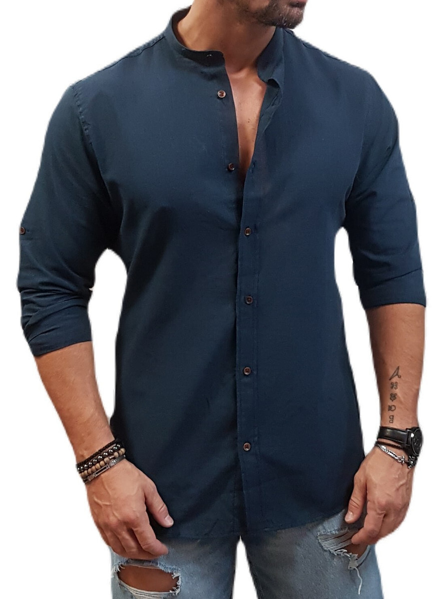 Senior SH-40 Ανδρικό Πουκάμισο με Στενή Γραμμή Μακρυμάνικo Navy Μπλε ...