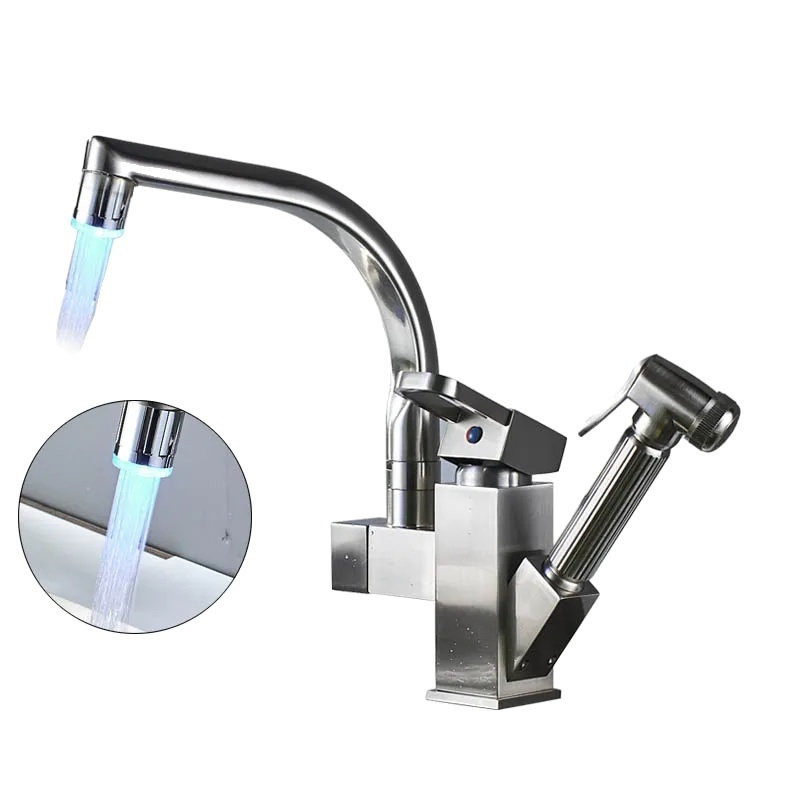 Kitchen Faucet Led Light Pull-out Sprayer Hot Cold Water Brushed Led ...