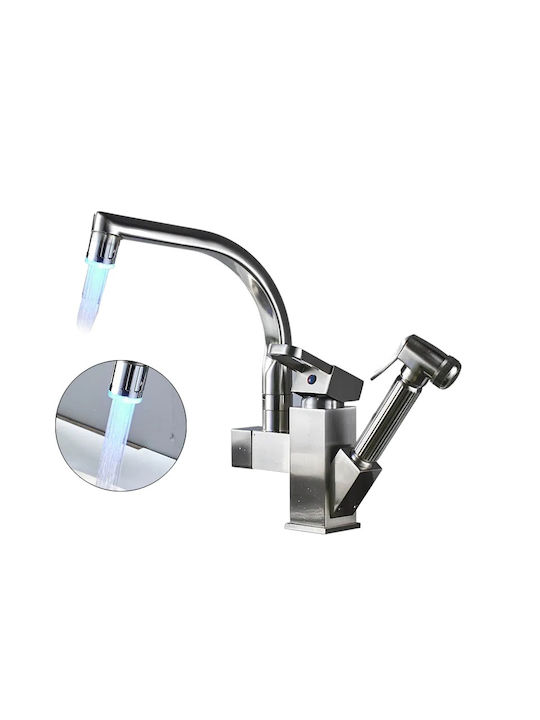 Kitchen Faucet Led Light Pull-out Sprayer Hot Cold Water Brushed Led ...