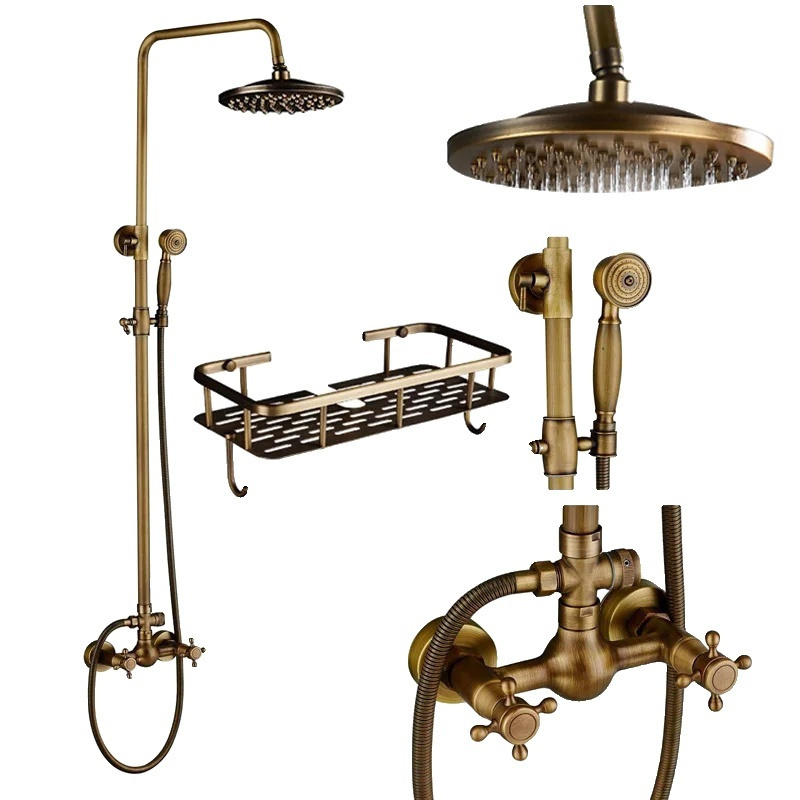 Antique Brass Bathroom Shower Set 8-inch Rainfall Head Dual Handle Control Antiquebrass Shelf A ...