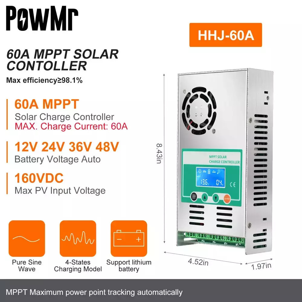 Powmr Mppt Solar Charge Controller Max Current 100a Supports 12v-48v Batteries Mppt 60a-a ...