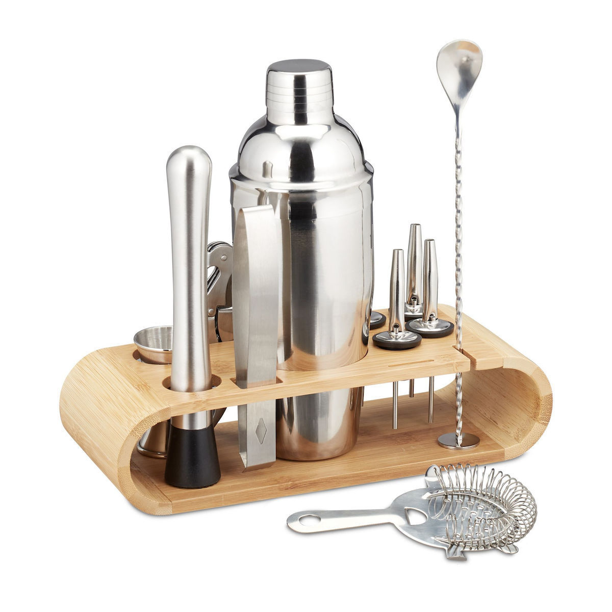 Professional Cocktail Set Relaxdays Stainless Steel Bamboo Stand 11 ...