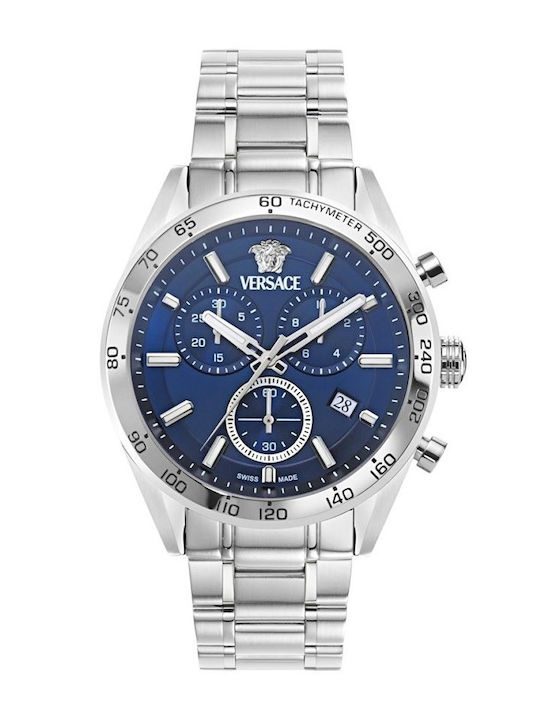 Versace V-code Ανδρικό Ρολόι Μπαταρίας με Ασημί Μεταλλικό Μπρασελέ ...
