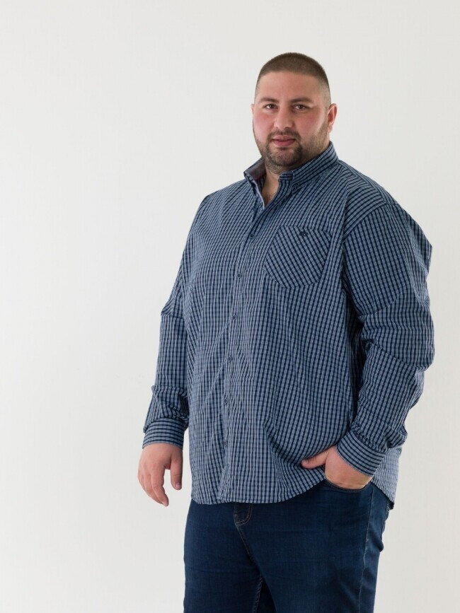 Double Plus Size Μακρυμάνικo Τζιν Πουκάμισο σε Κανονική Γραμμή Καρό Αν ...